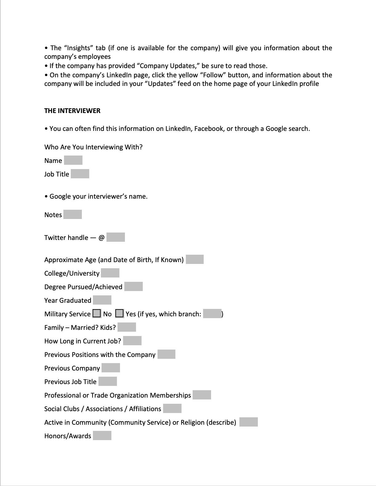 Pre-interview Worksheet and Checklist (fillable Word Document) - Etsy