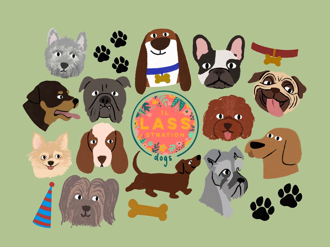 Digital Download Dog Clip Art Funny Dog Face Illustrations Cute Pet ...