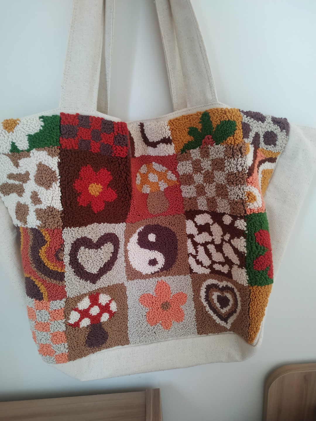 Punch Needle Embroidered Tote Bag, Shade of Brown Hand Tufted Tote Bag ...