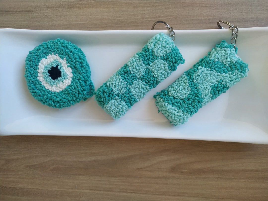 Aqua Green Punch Needle Keychain, Hand Tufed Checkered Design, Wavy Car ...