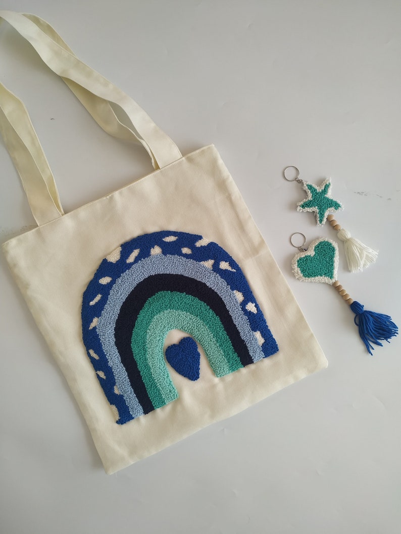 Hand Tufted Tote Bag, Punch Needle Rainbow Design Beach Bag, Custom ...