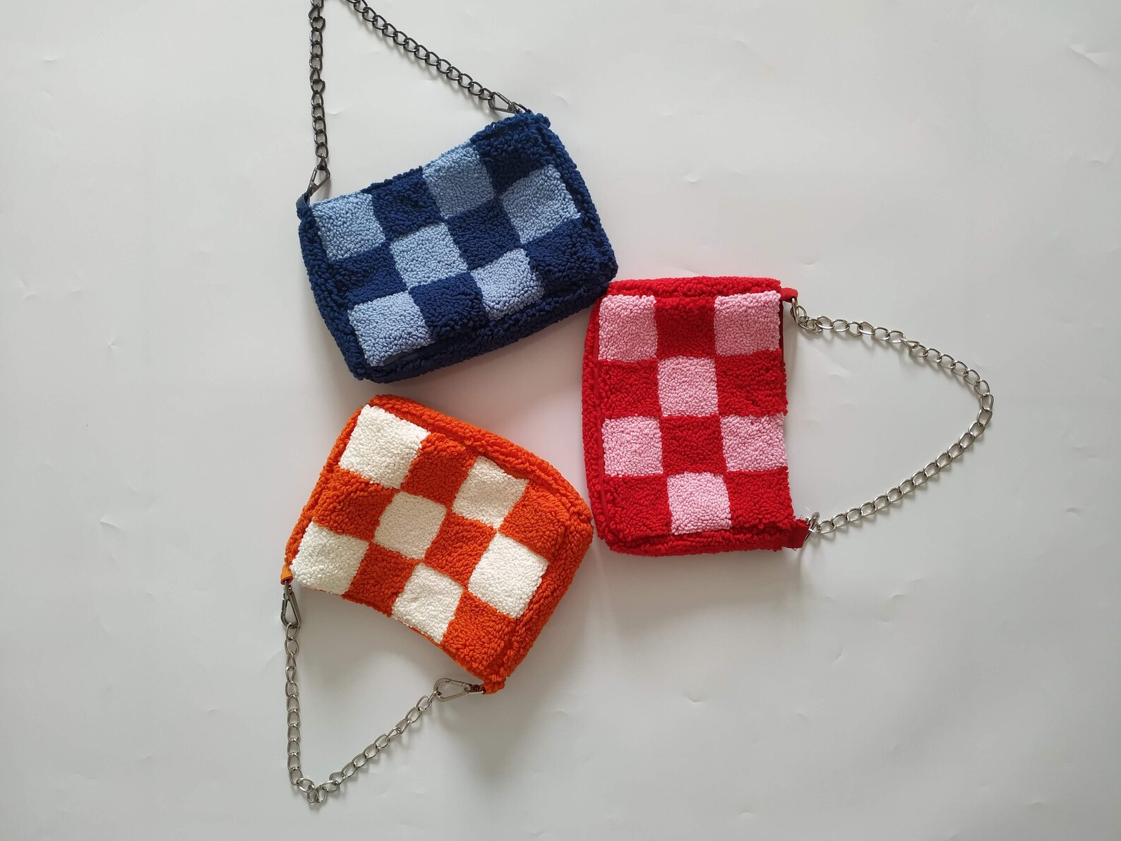 Checkered Punch Needle Bag, Checkered Tufted Shoulder Bag, Girl College ...