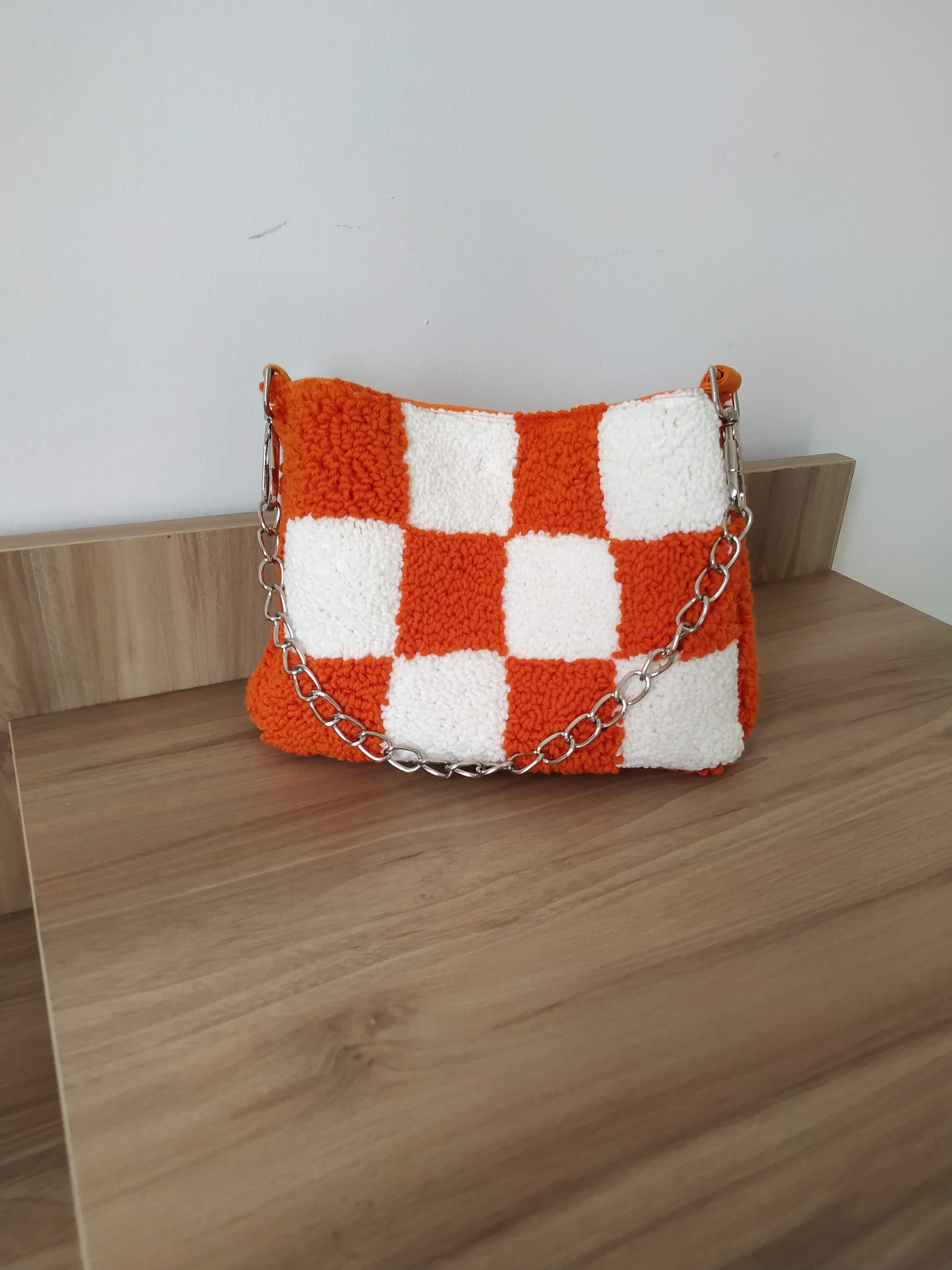 Checkered Punch Needle Bag, Checkered Tufted Shoulder Bag, Girl College ...