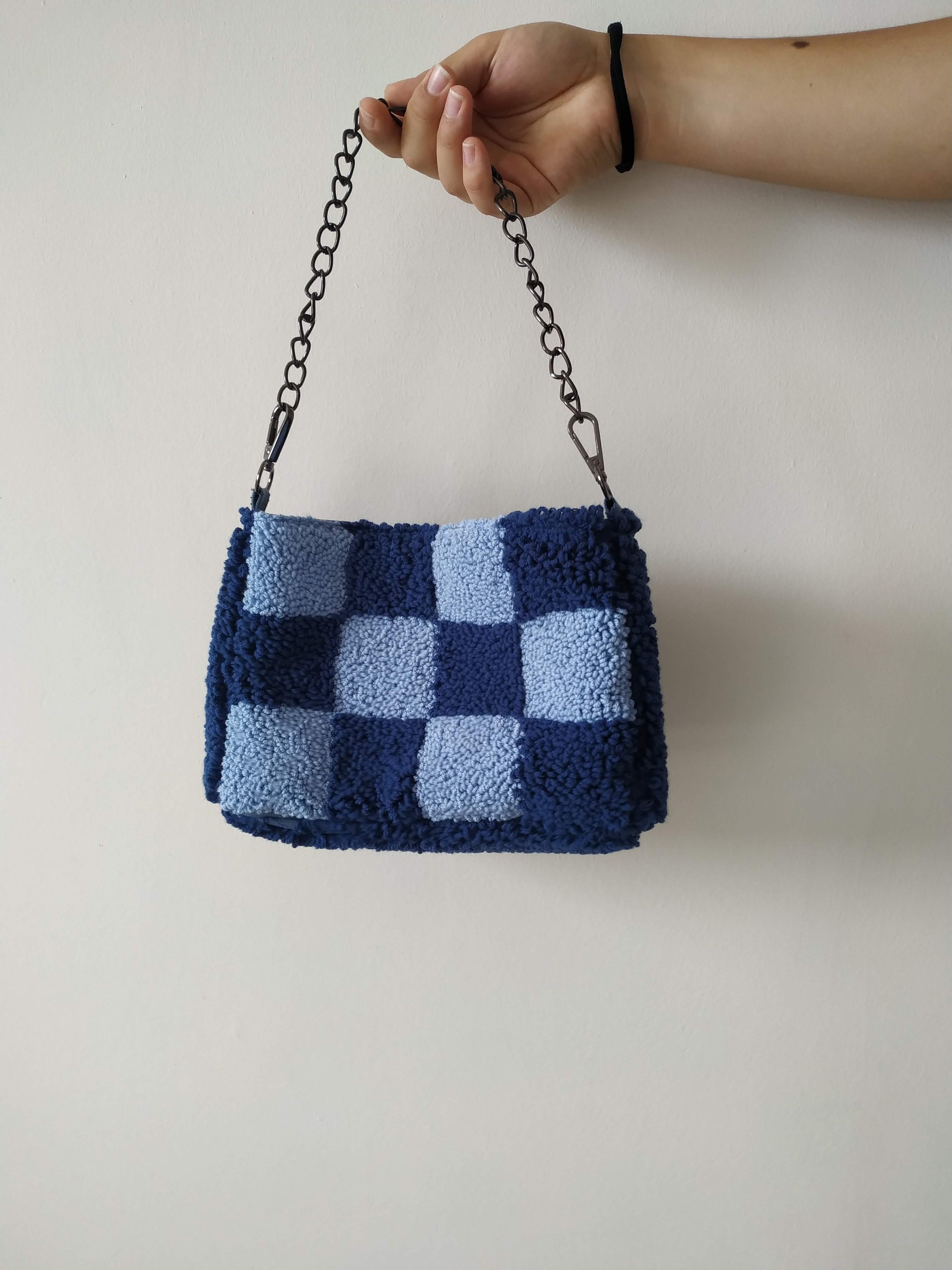 Checkered Punch Needle Bag, Checkered Tufted Shoulder Bag, Girl College ...