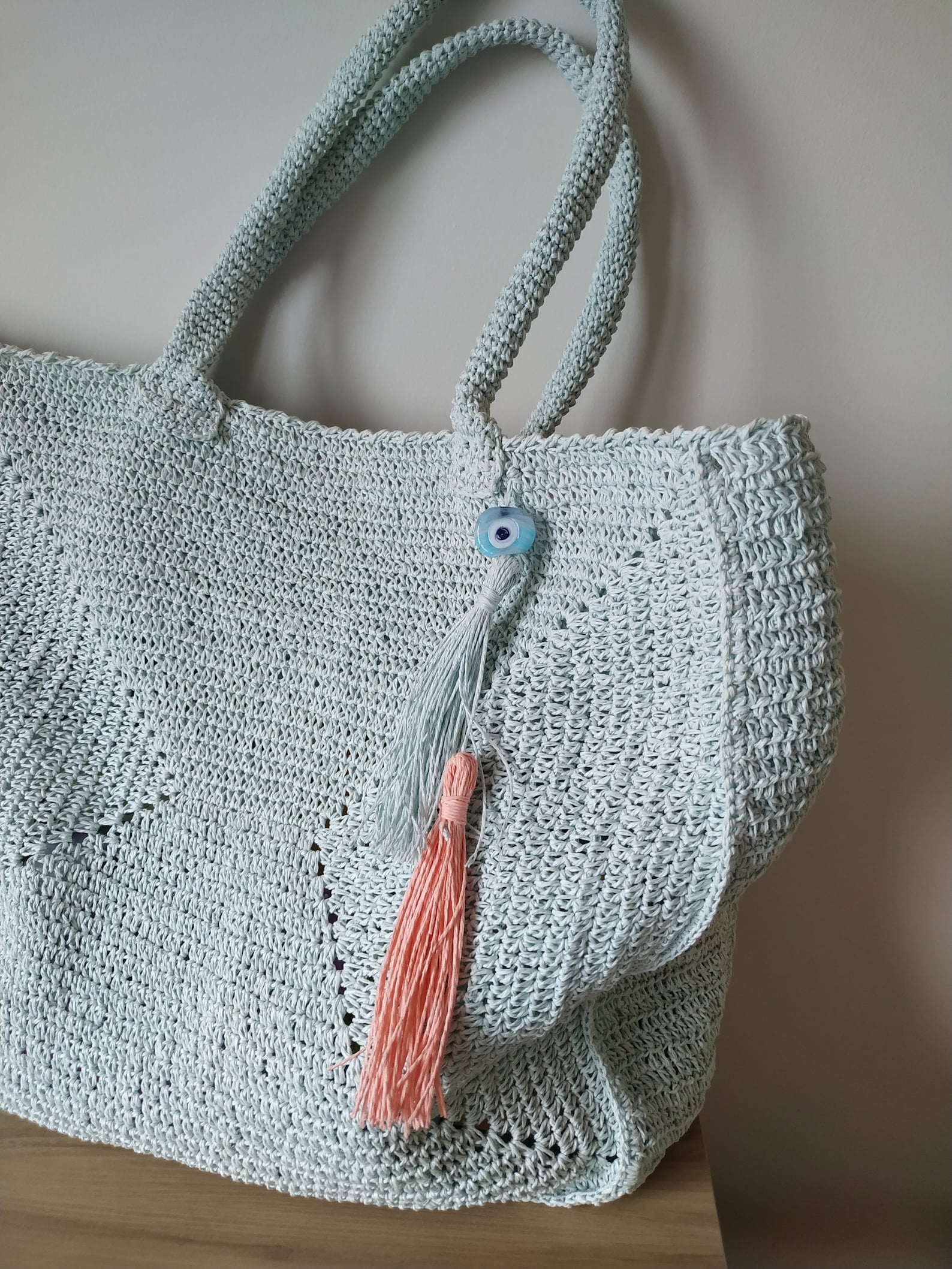 Handmade Paper Rope Crochet Beach Bag, Blue Summer Tote Bag, Eco ...