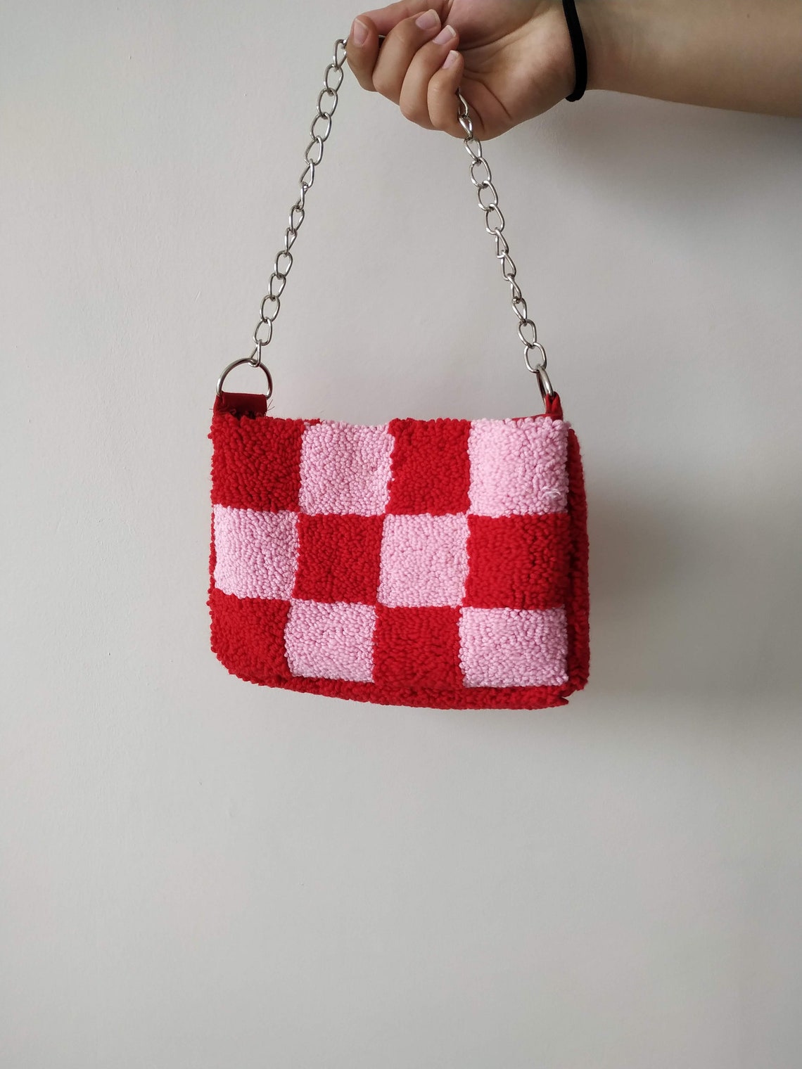 Checkered Punch Needle Bag, Checkered Tufted Shoulder Bag, Girl College ...