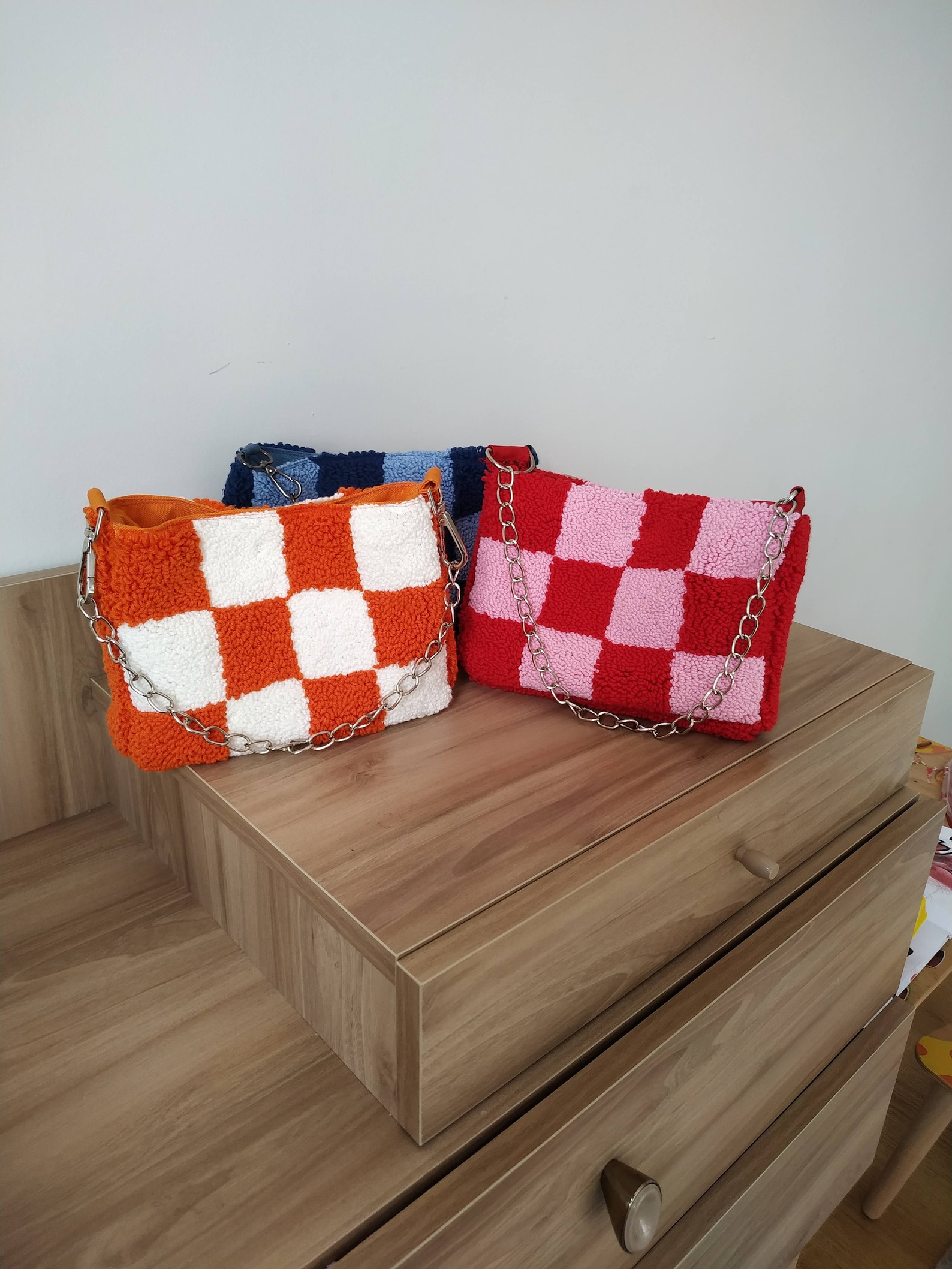 Checkered Punch Needle Bag, Checkered Tufted Shoulder Bag, Girl College ...