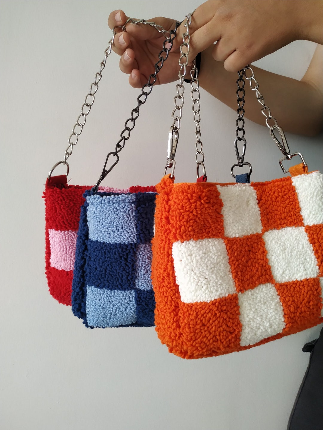 Checkered Punch Needle Bag, Checkered Tufted Shoulder Bag, Girl College ...