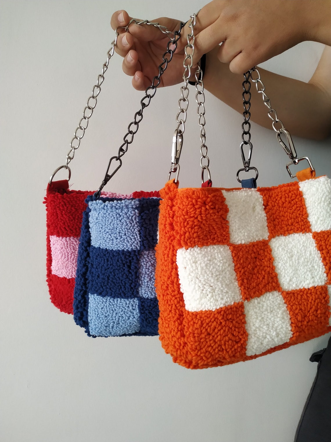 Checkered Punch Needle Bag, Checkered Tufted Shoulder Bag, Girl College ...