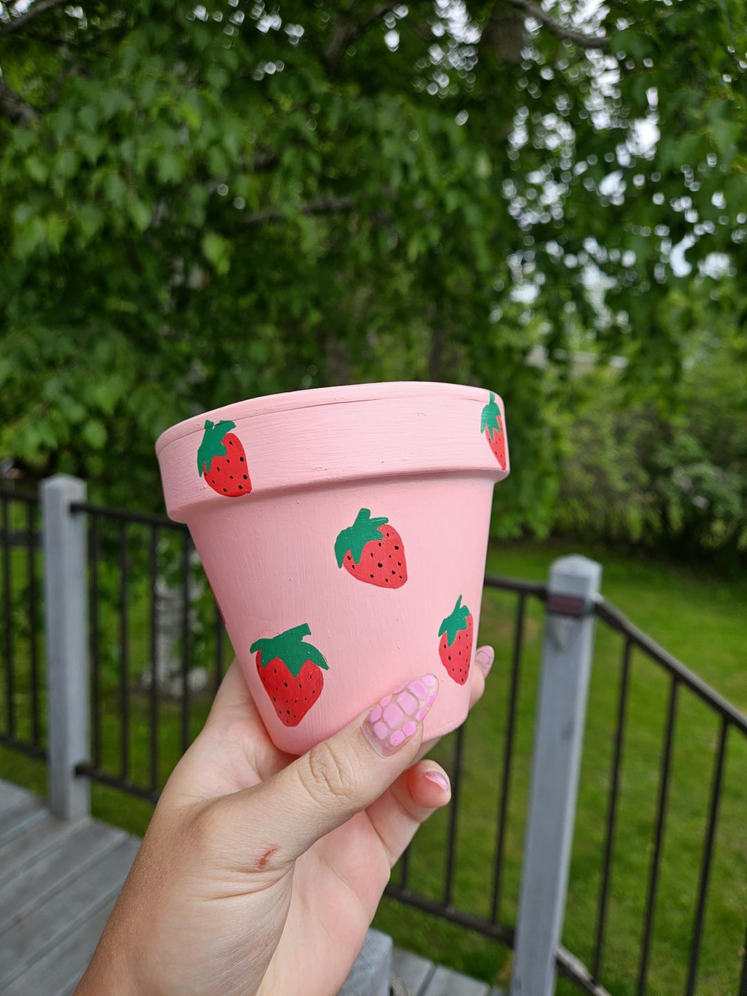 Pink Strawberry Hand Painted Terracotta Pot, Cute Pot, Indoor Outdoor ...