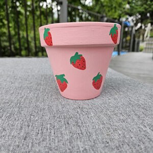 Pink Strawberry Hand Painted Terracotta Pot, Cute Pot, Indoor Outdoor ...