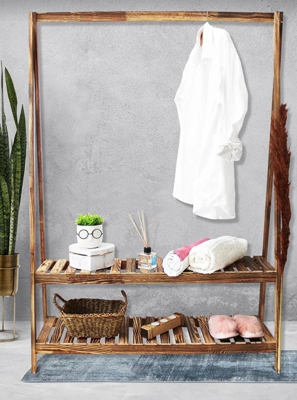 Wooden Clothes Stand 2 Shelves Wood Bedroom Valet Garment Storage Rack ...