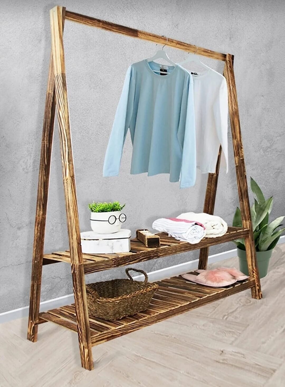 Wooden Clothes Stand 2 Shelves Wood Bedroom Valet Garment Storage Rack ...