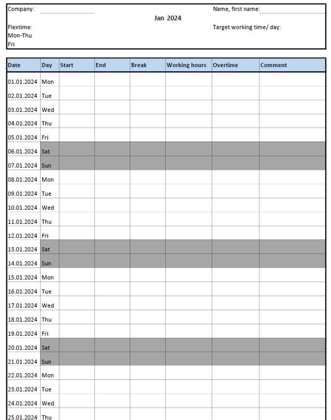 Timesheet Working Time to Print Out Yourself, DIN A4 | Excel, Pdf-file | for 2023 + 2024 | Incl ...