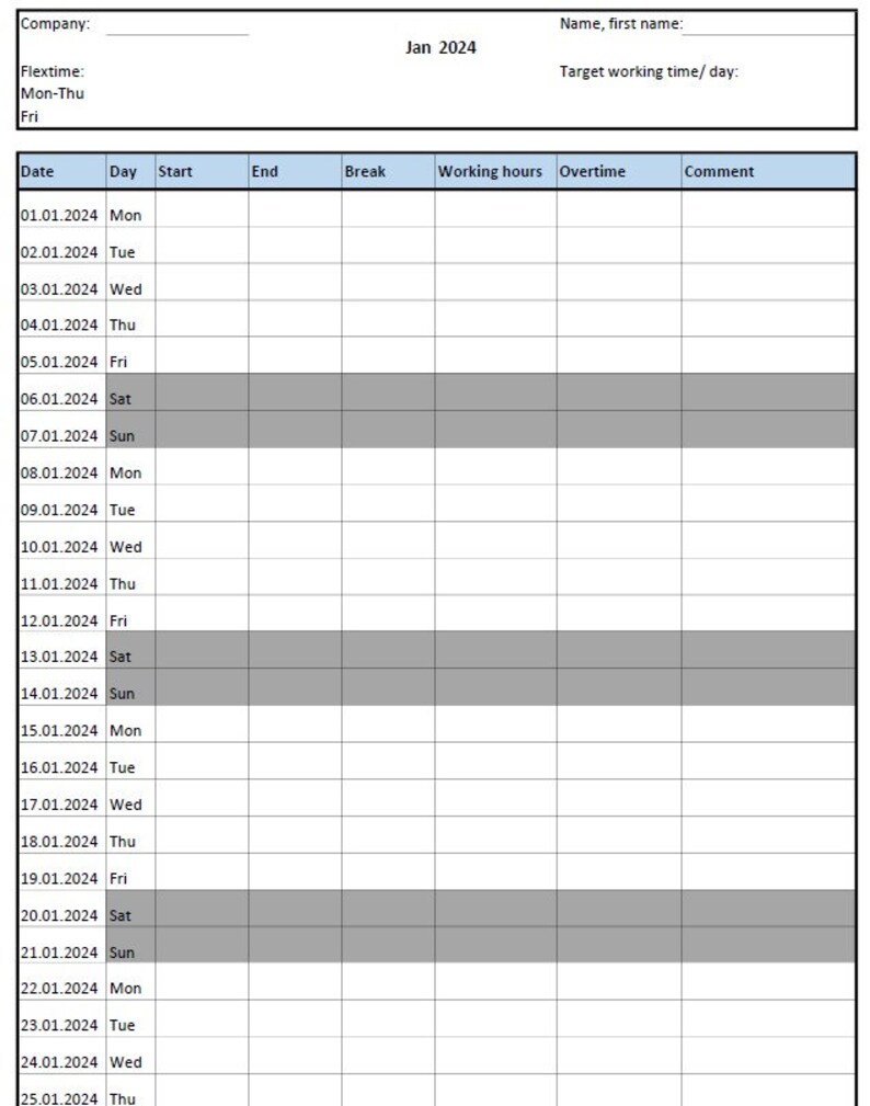 Timesheet Working Time to Print Out Yourself, DIN A4 | Excel, Pdf-file ...