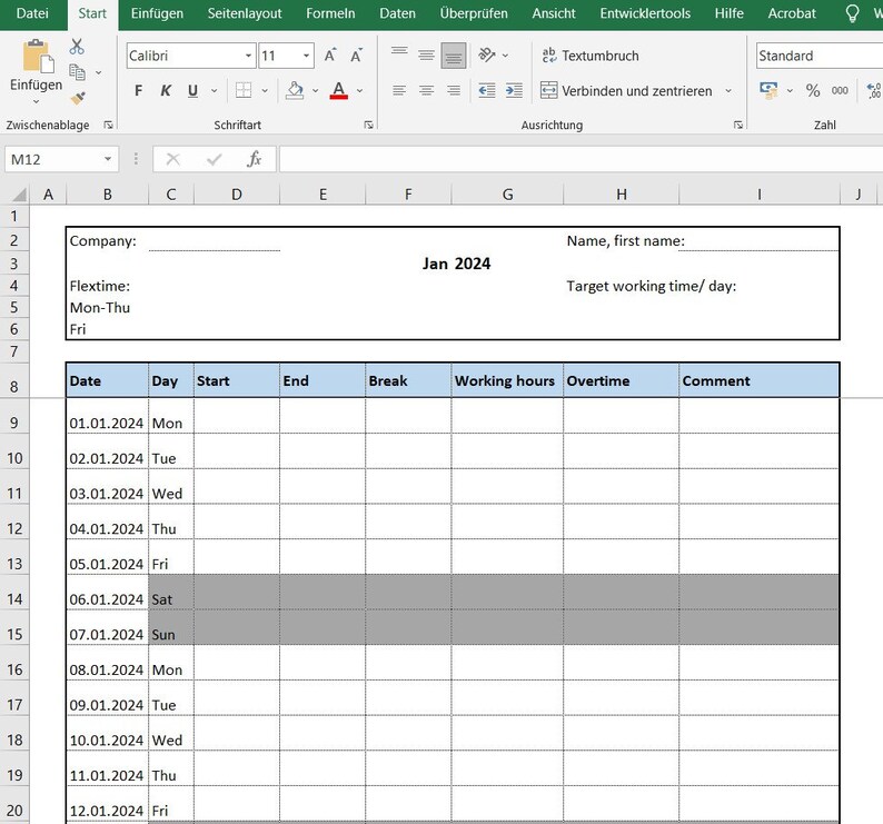 Timesheet Working Time to Print Out Yourself, DIN A4 | Excel, Pdf-file | for 2023 + 2024 | Incl ...