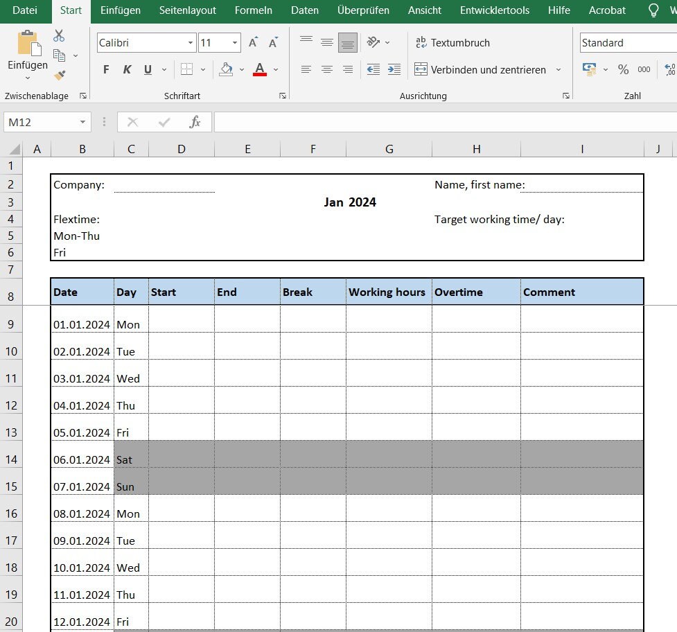 Timesheet Working Time to Print Out Yourself, DIN A4 | Excel, Pdf-file ...