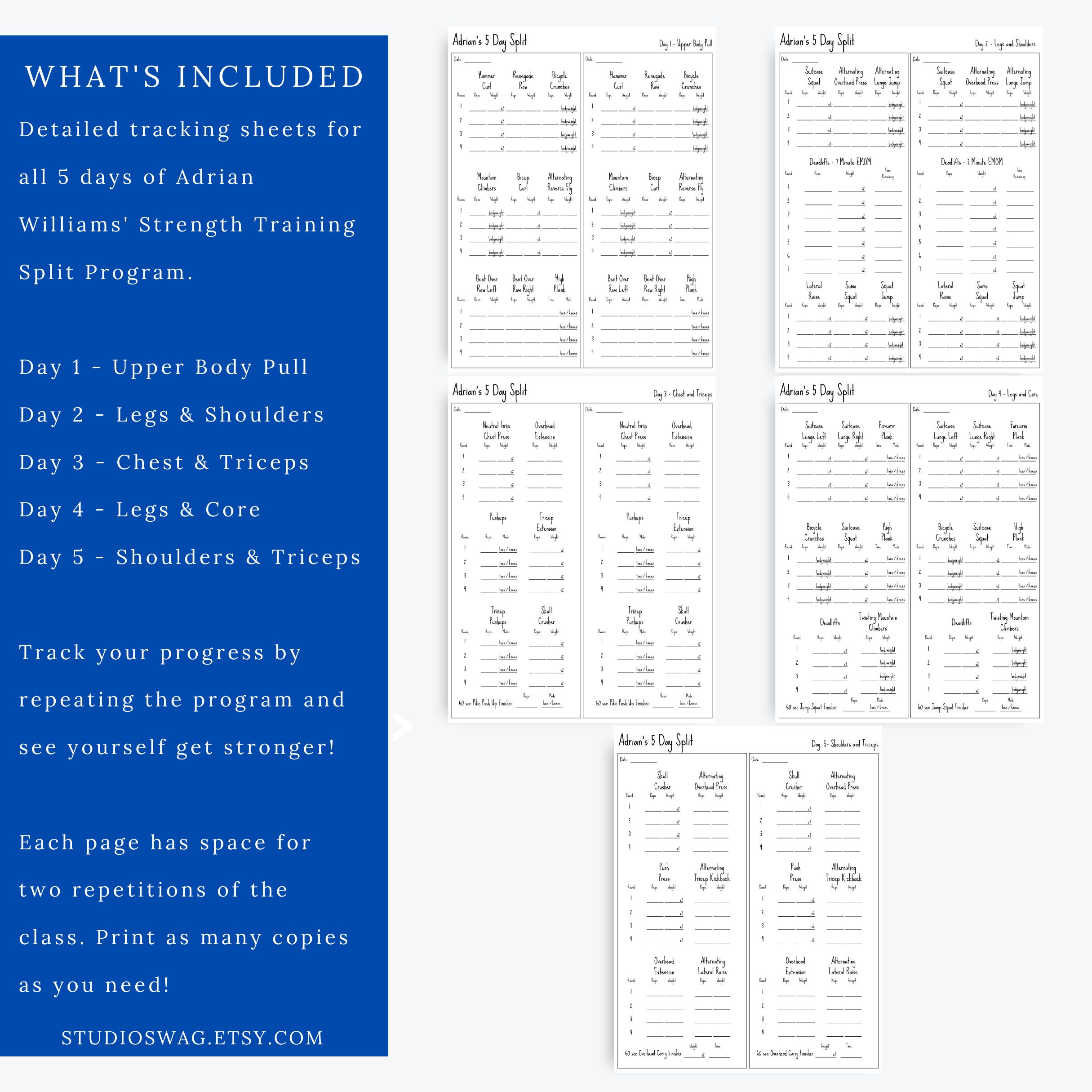 Adrian Williams 5 Day Strength Training Split Tracker Progressive ...