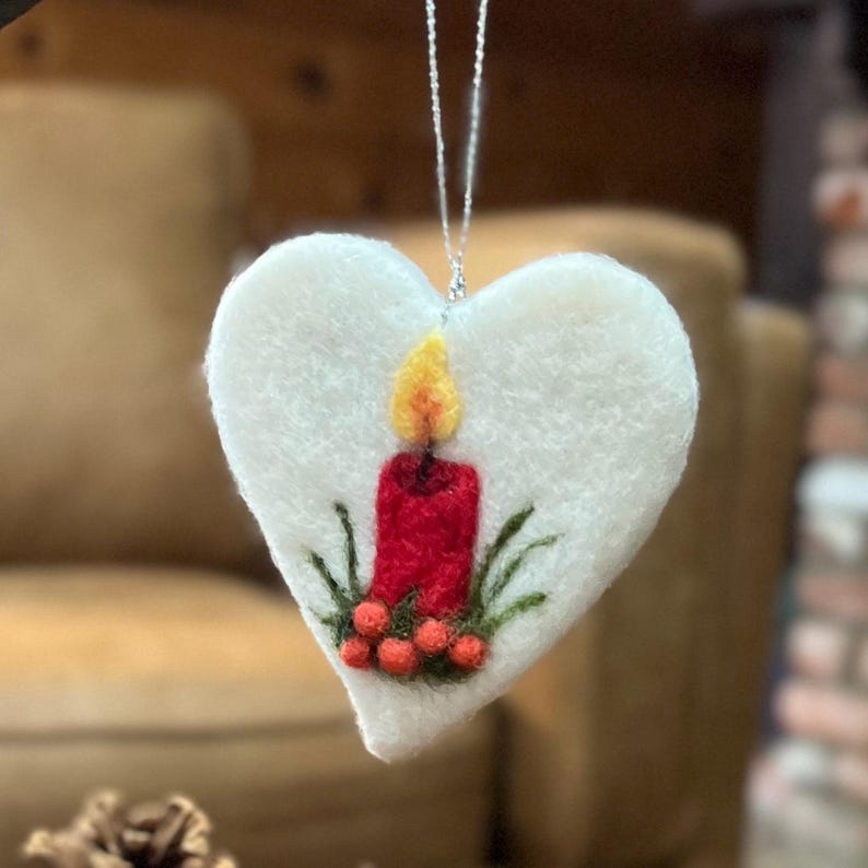 Needle Felted Heart Ornament, Felted Candle Ornament, Handcrafted ...