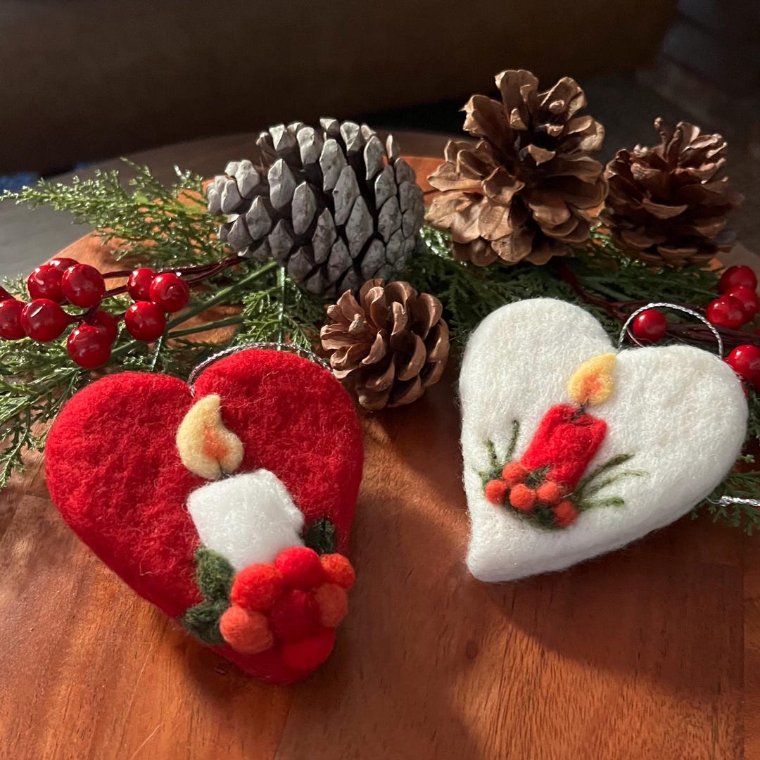 Needle Felted Heart Ornament, Felted Candle Ornament, Handcrafted ...