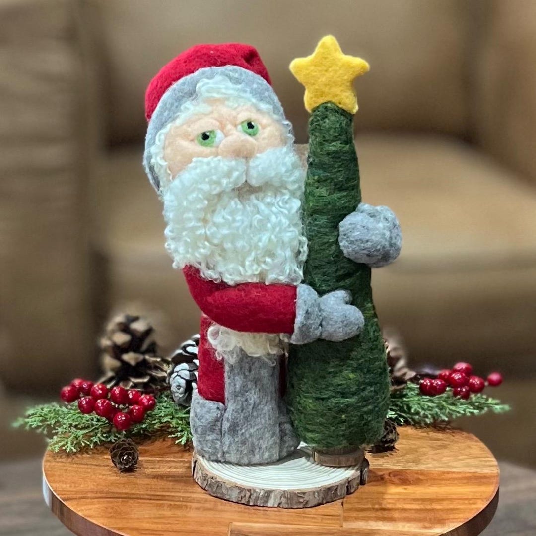 Needle Felted Wool Santa and His Tree: Handcrafted Fiber Art Christmas ...
