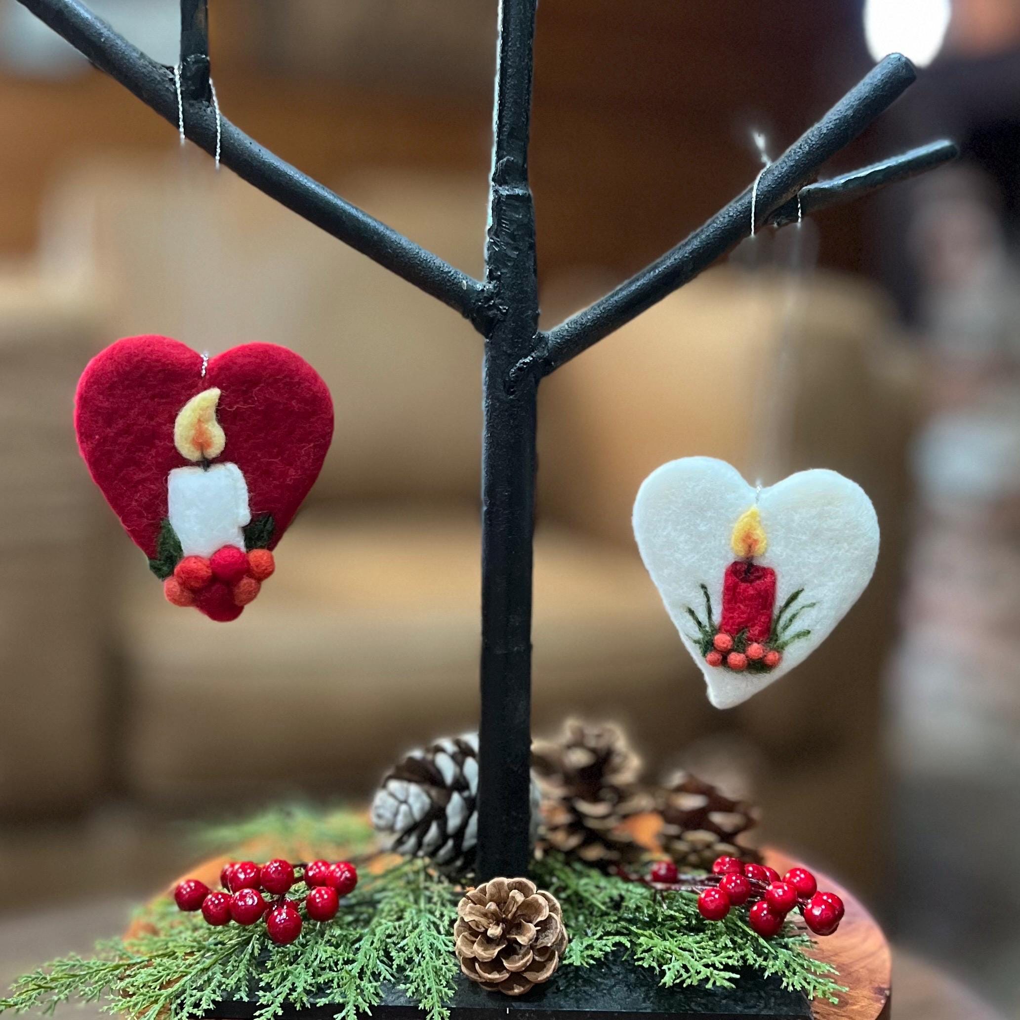 Needle Felted Heart Ornament, Felted Candle Ornament, Handcrafted ...
