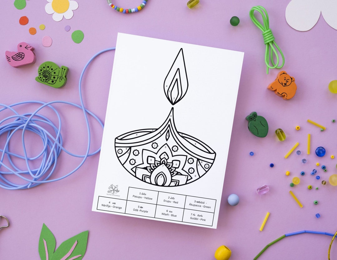 Color by Number Telugu to English Diwali Diya Coloring Sheet PDF ...