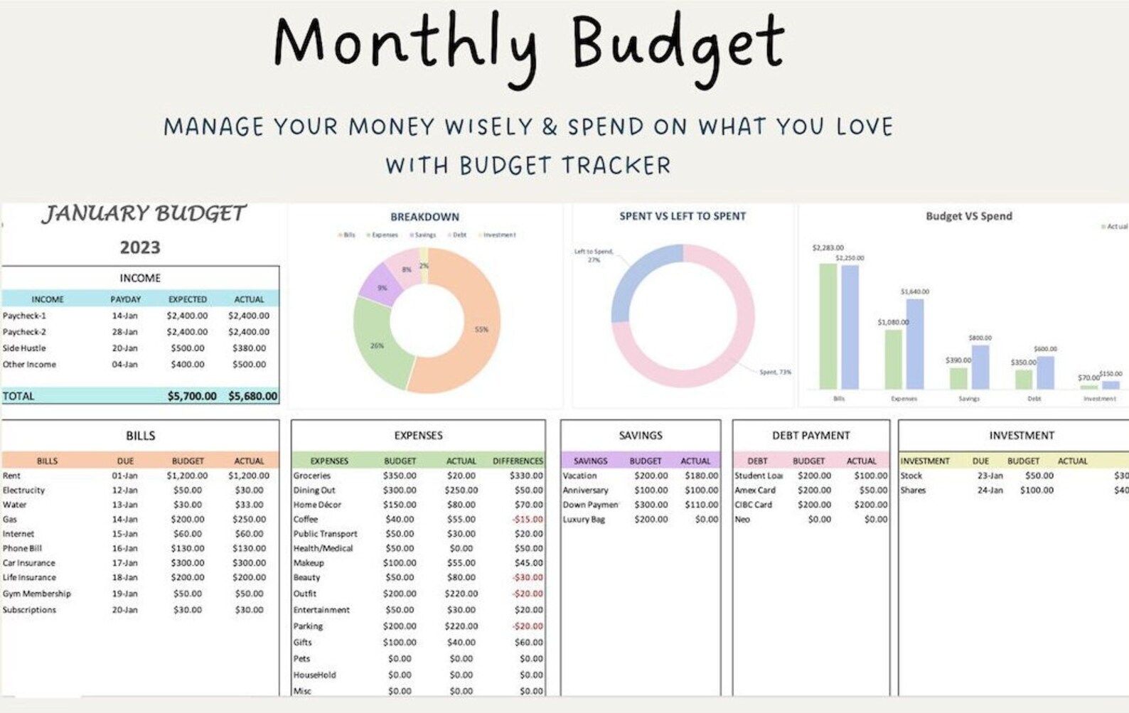 Monthly Budget Spreadsheet | Simple Monthly Budget | Personal Finances ...