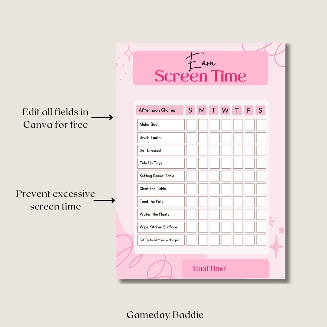 Editable Printable Screen Time Checklist Daily Screen Time Schedule ...