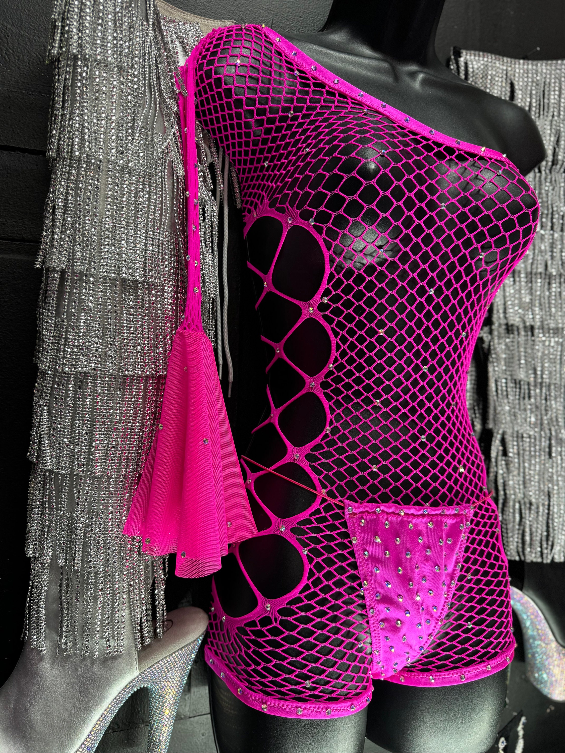 Stripper Exotic Dance Outfit Pink Off-shoulder Fishnet Romper - Etsy