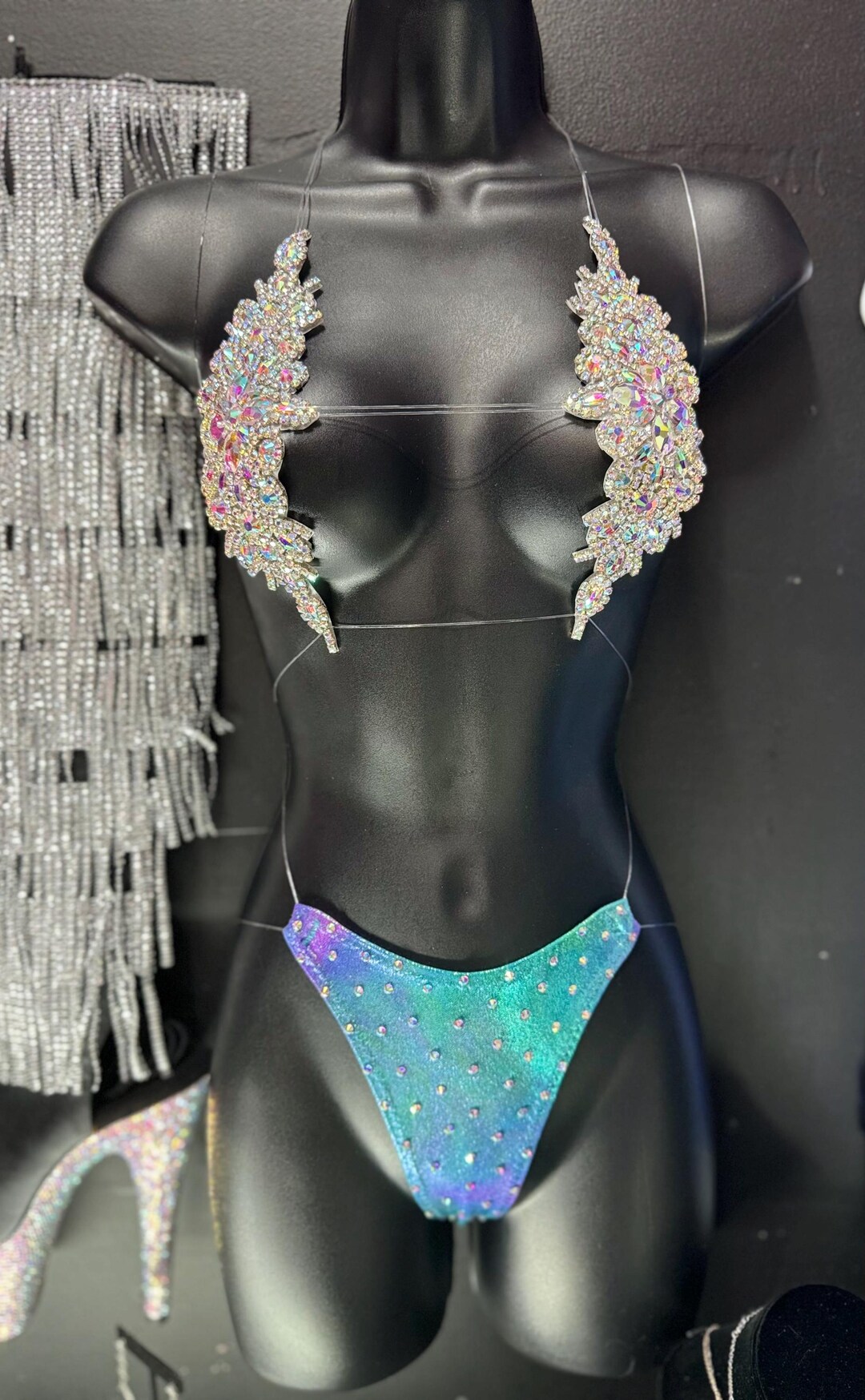 Flower Rhinestone Top Slingshot Bikini Set Exotic Stripper Dance Outfit