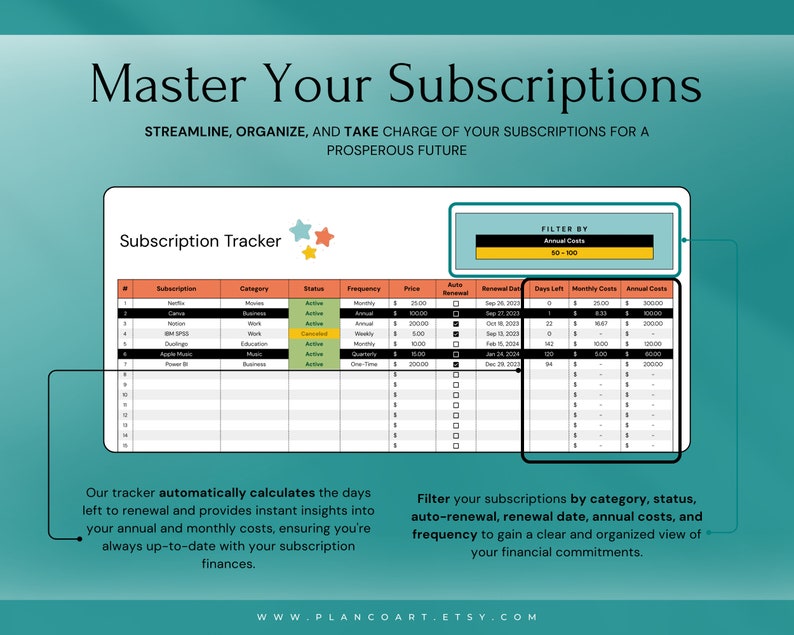 Subscription Tracker Google Sheets Template, Subscription Organizer ...