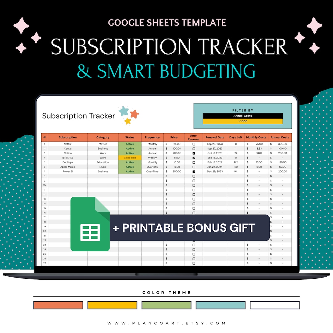 Subscription Tracker Google Sheets Template, Subscription Organizer ...