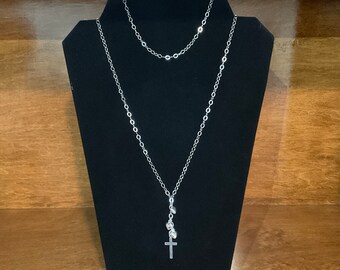 Silver Lariat Necklace With Cross and Heart, Y Necklace, Vintage Style ...