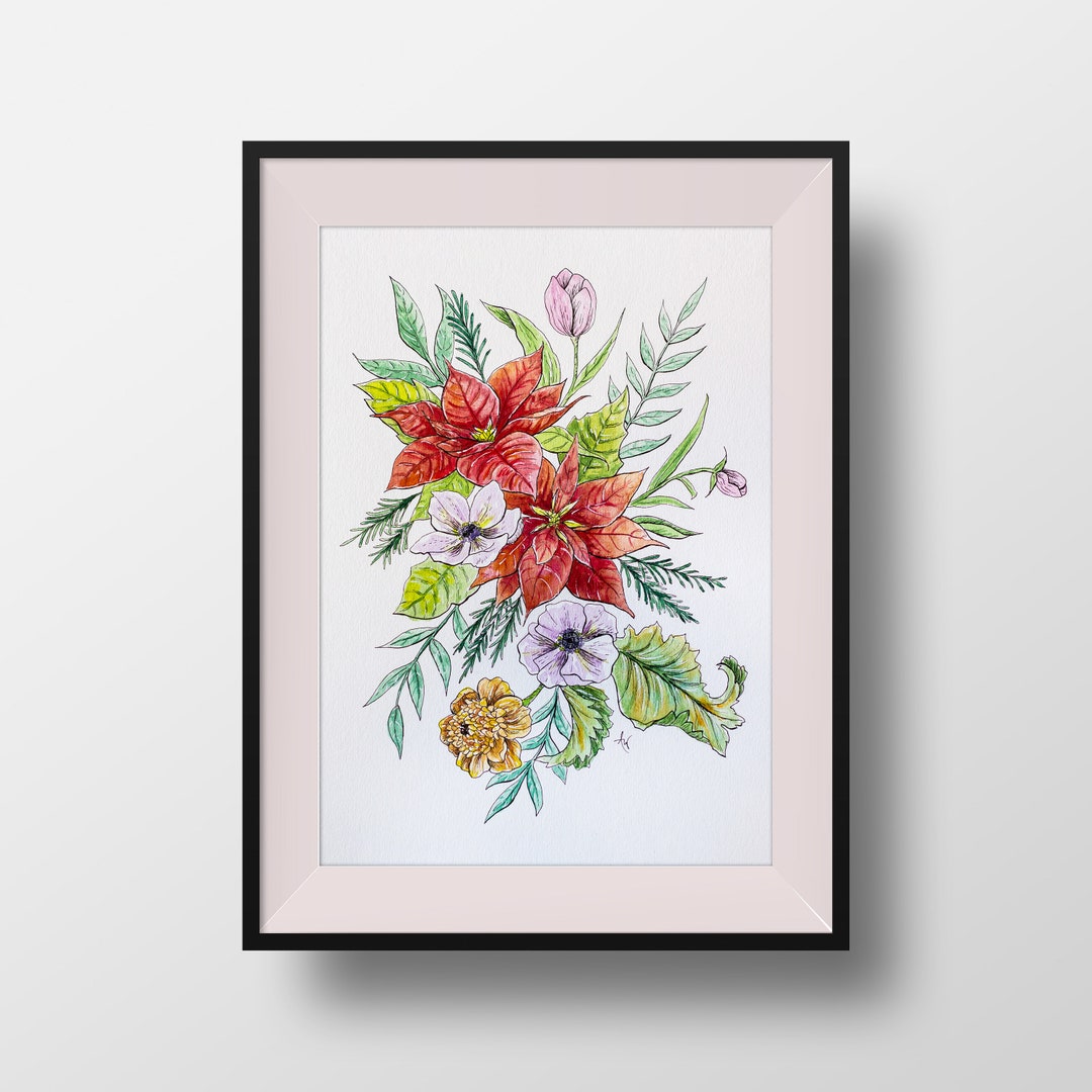 Cynthia Floral Art Print, Poinsettias, Anemones, Tulips, and Pine - Etsy