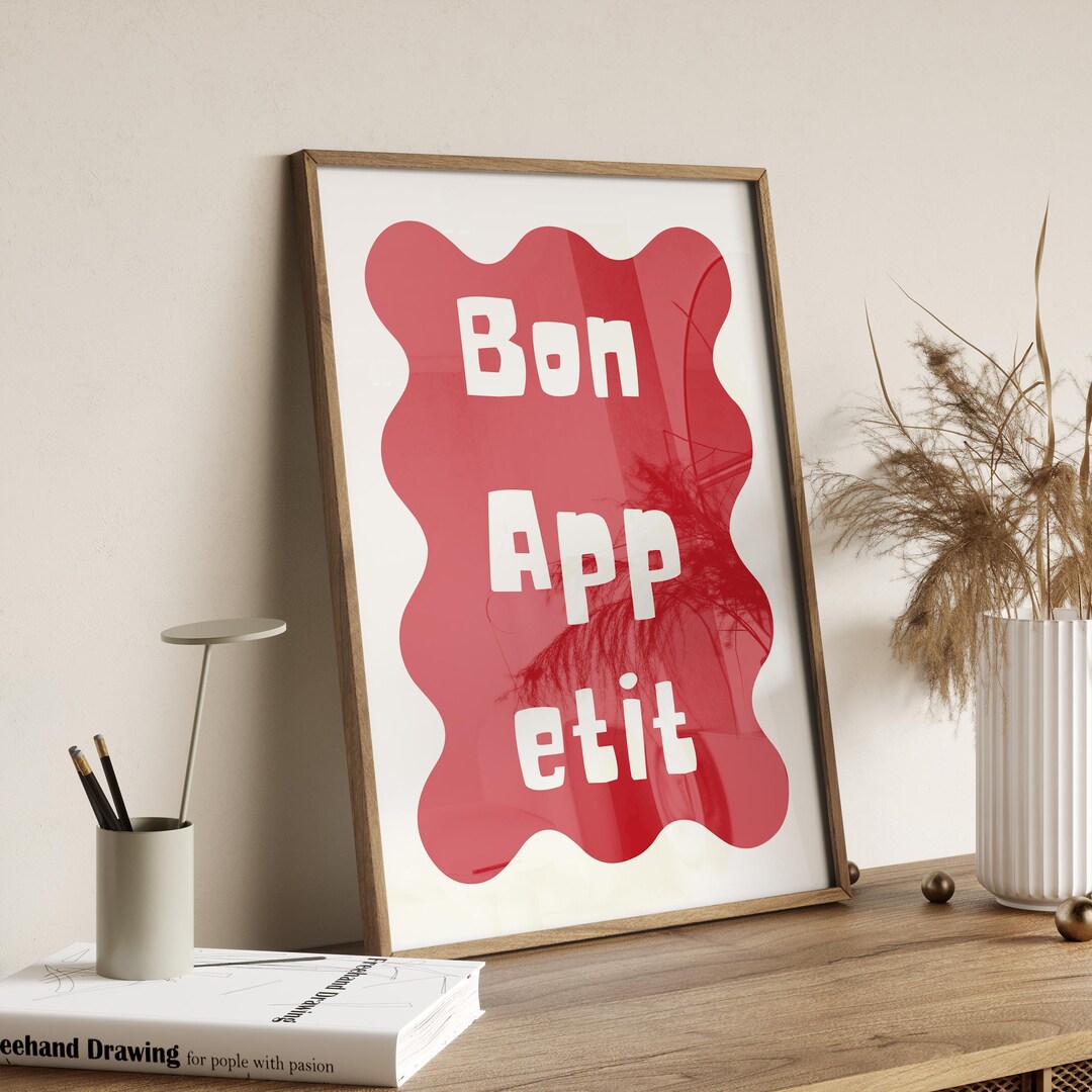 Bon Appetit Funny Kitchen Quote Poster, Red Retro Digital Wall Art ...