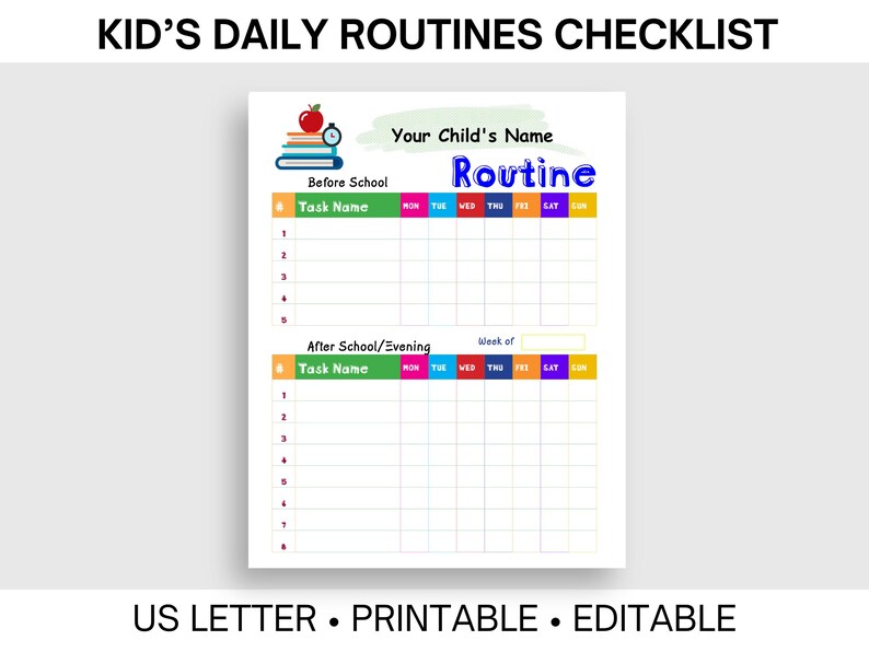 Kids Daily Routine Editable Checklist, Kids Daily to Do List, Kids ...