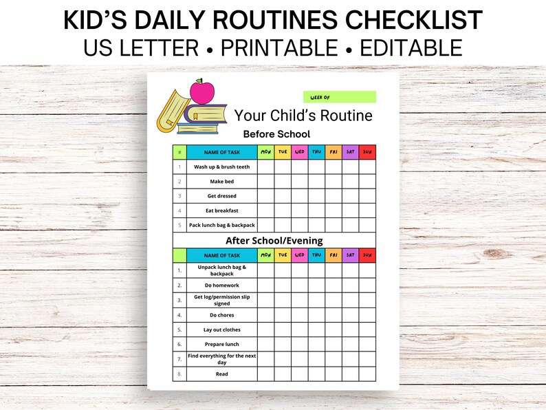 Kids Daily Routine Editable Checklist, Kids Daily to Do List, Kids ...