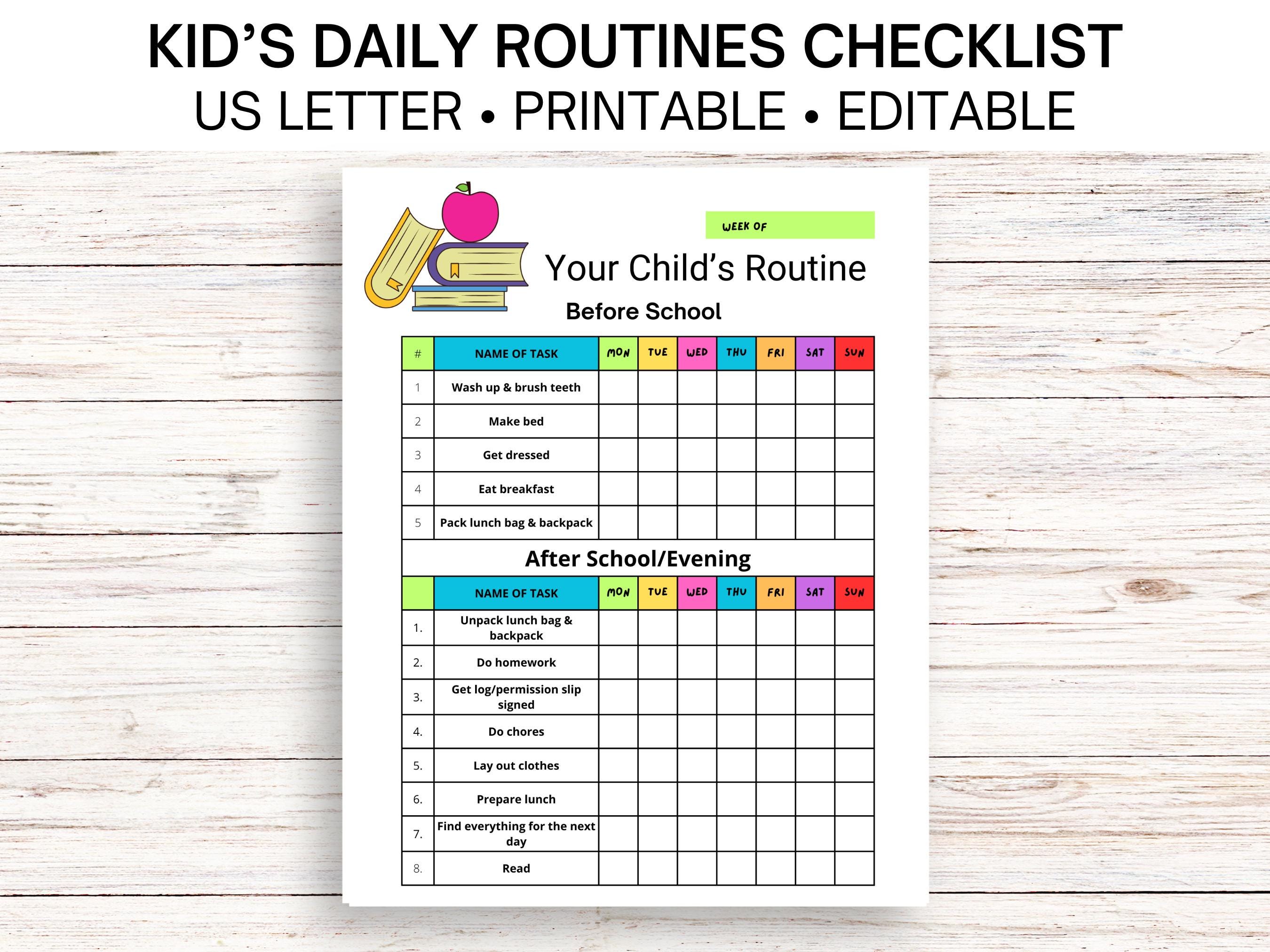 Kids Daily Routine Editable Checklist, Kids Daily to Do List, Kids ...