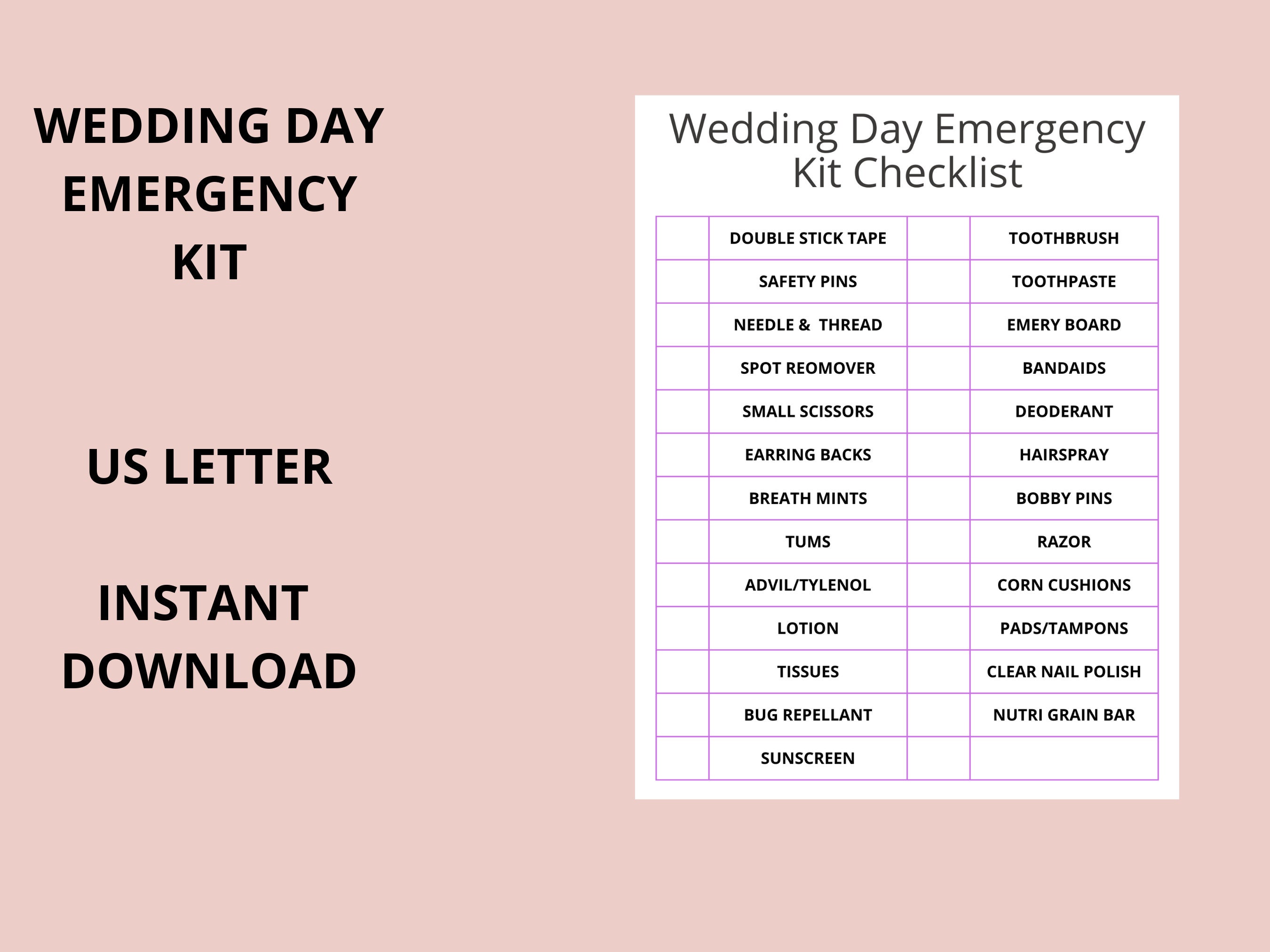 Wedding Day Emergency Kit Checklist Wedding Checklist Checklist for ...