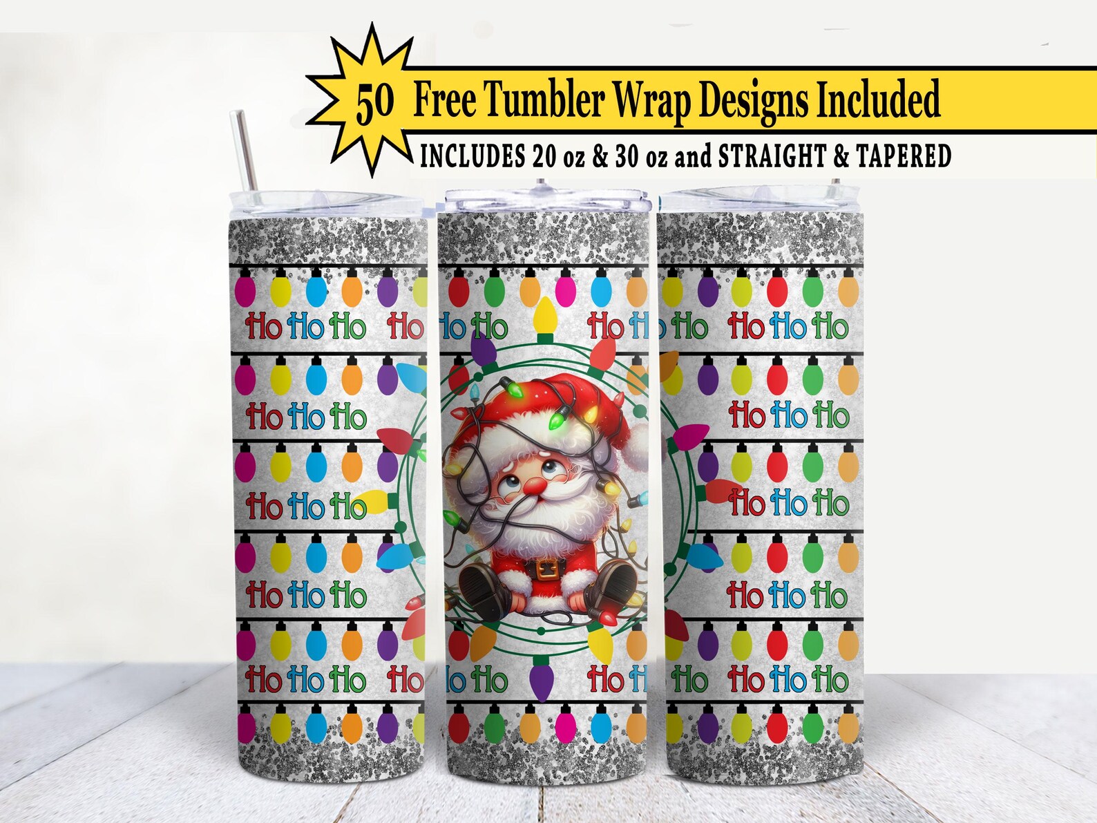 Santa Ho Ho Ho Christmas Lights Tumbler Wrap PNG | 20oz & 30oz Skinny ...