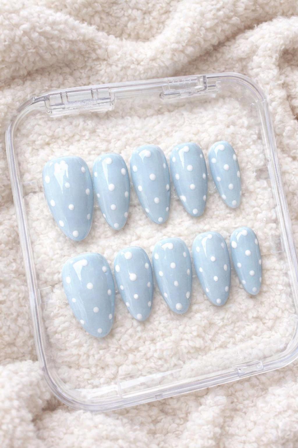 Blue Polka Dot Press on Nails | Light Blue Nail Set | Handmade Reusable ...