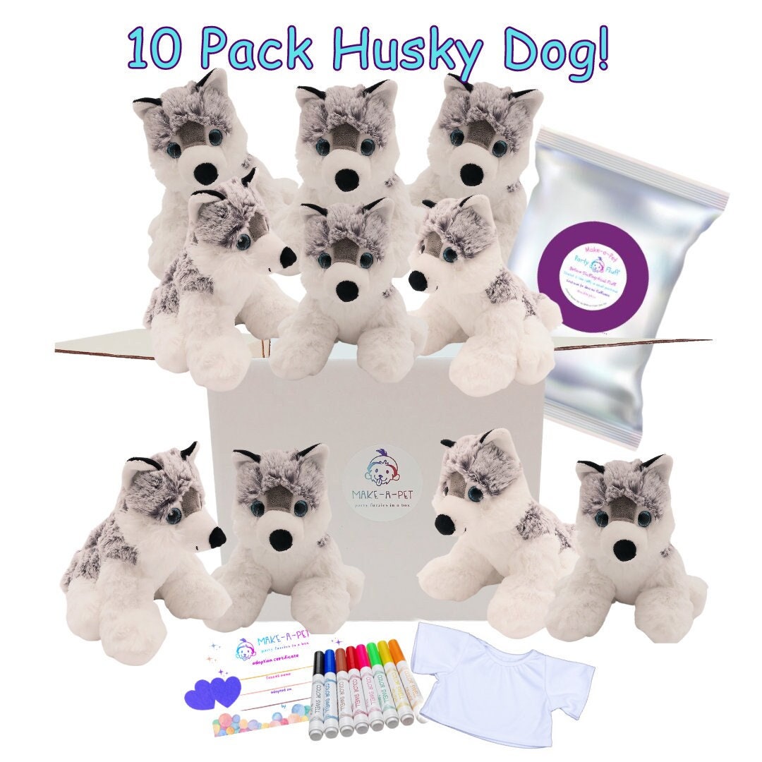 10 Pack Make Your Own Husky Dog Party Kit White T-shirts10husky Dog Stuffable Plushie Kids ...