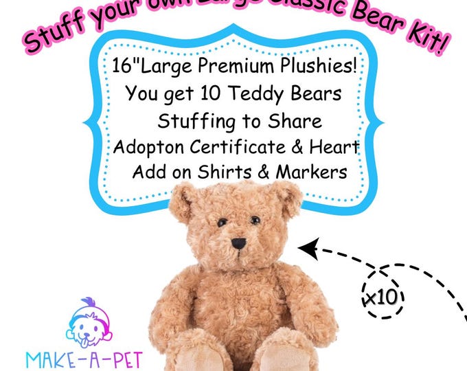 10 Pack Make Your Own 16" Teddy Bear Party Kit Classic Teddy Plushie ...