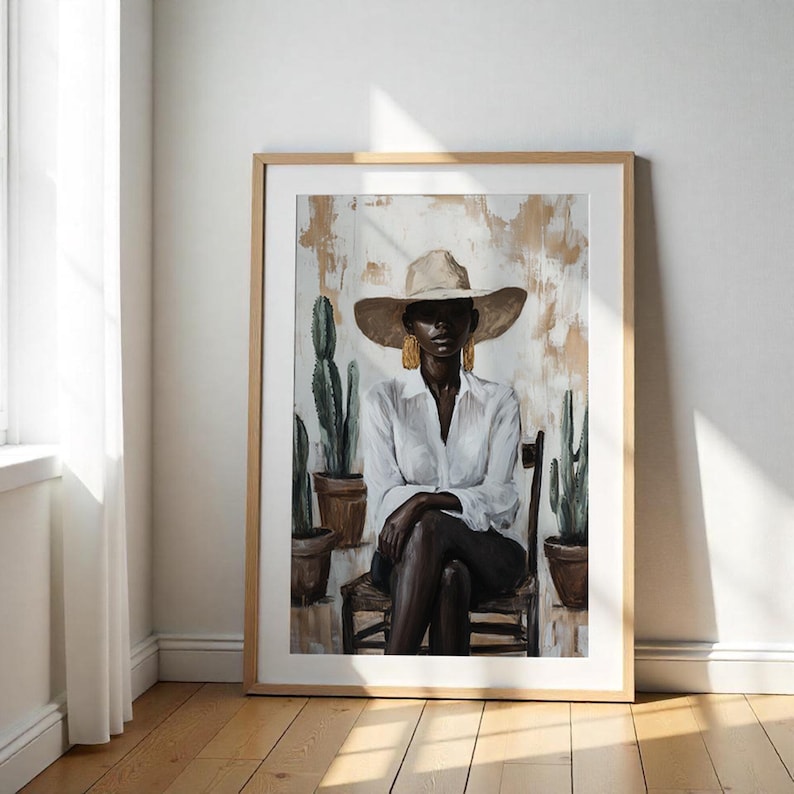 Hat and Cactus Woman Portrait Art Print, Modern Boho Digital Wall Decor ...