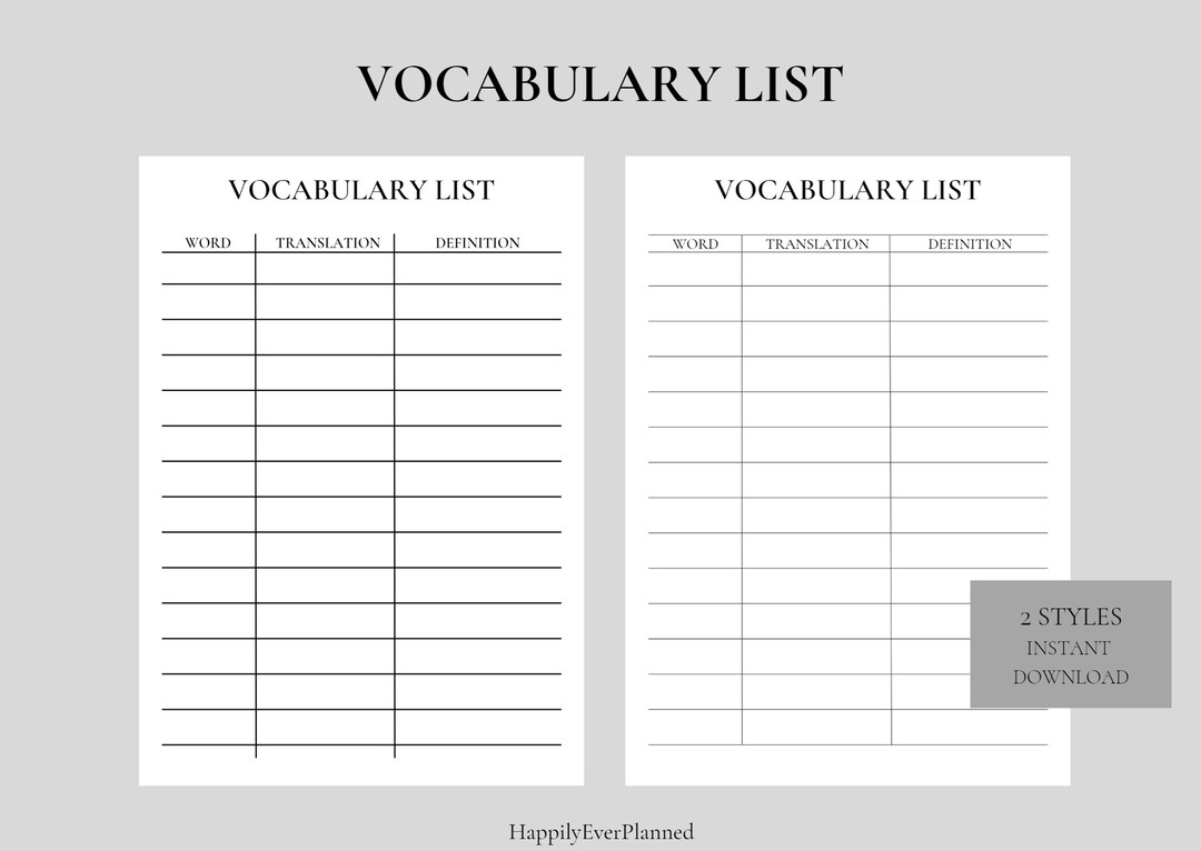 Vocabulary List, Printable,language Learning Note, Vocabulary Worksheet ...