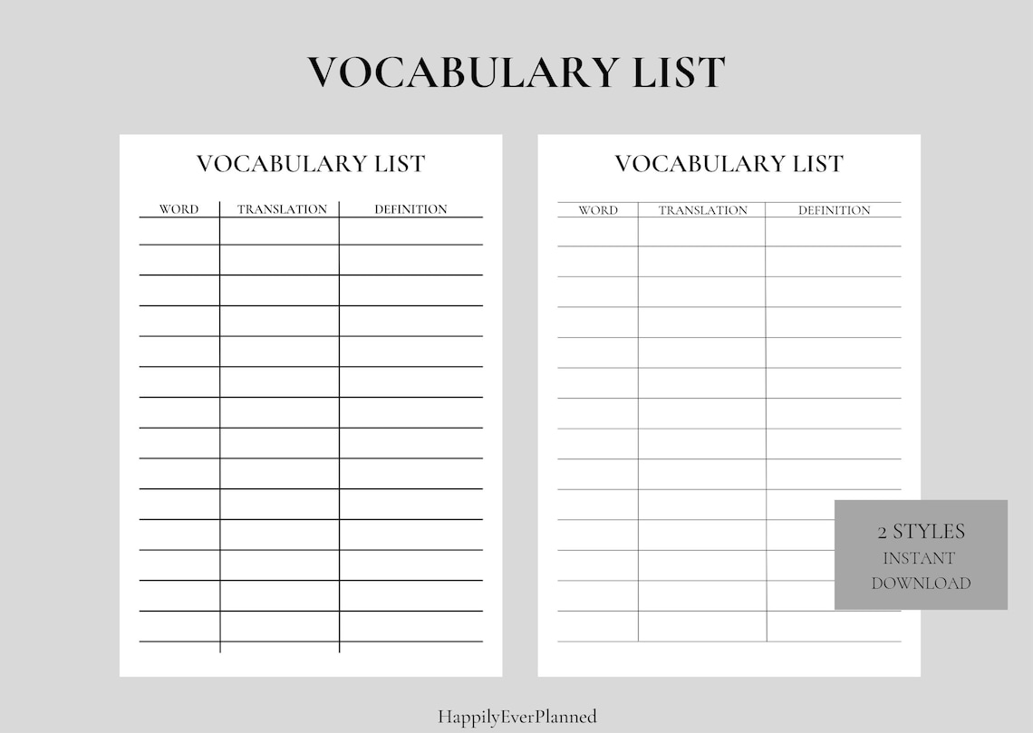 Vocabulary List, Printable,language Learning Note, Vocabulary Worksheet ...