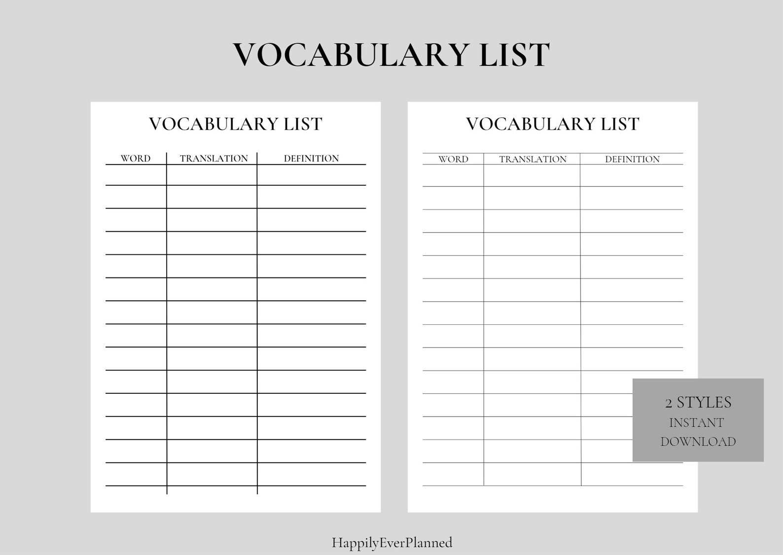 Vocabulary List, Printable,language Learning Note, Vocabulary Worksheet ...