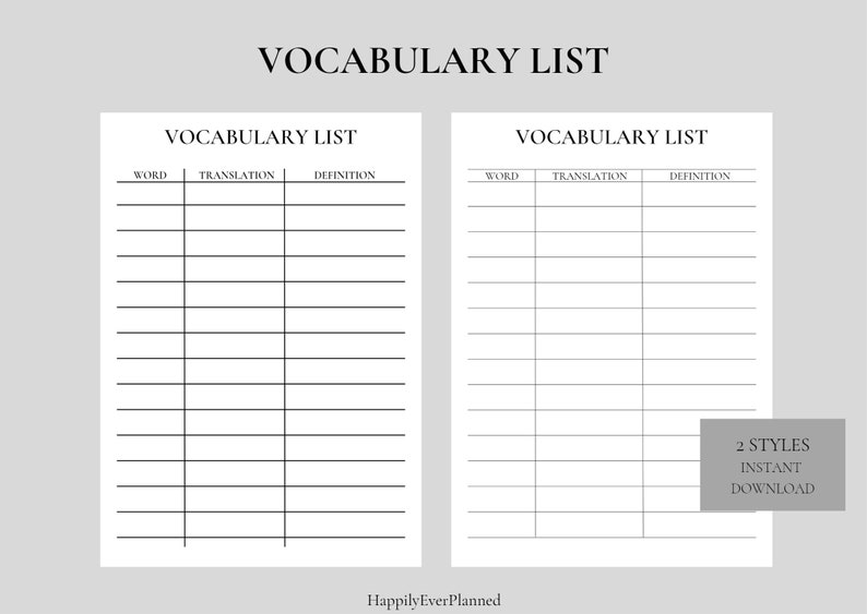 Vocabulary List, Printable,language Learning Note, Vocabulary Worksheet ...