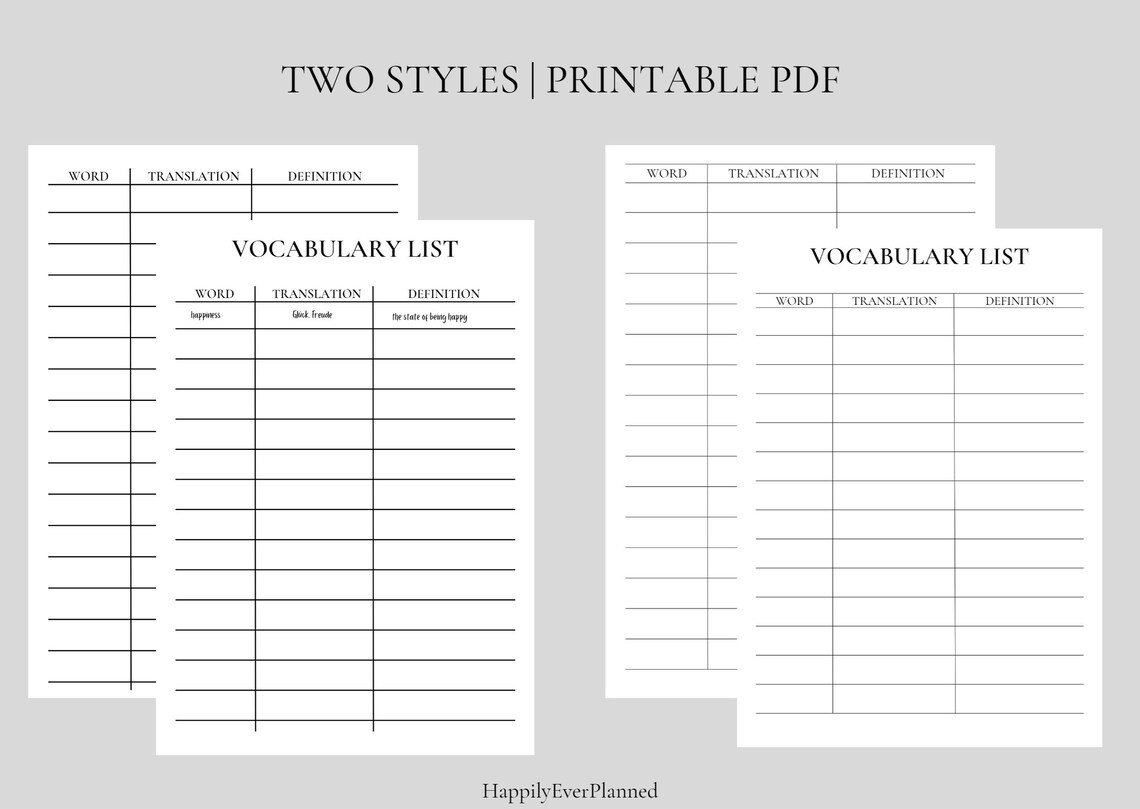 Vocabulary List, Printable,language Learning Note, Vocabulary Worksheet ...